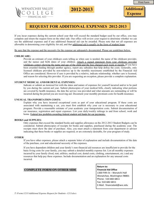 2012-2013 Revision Request for Additional Expenses