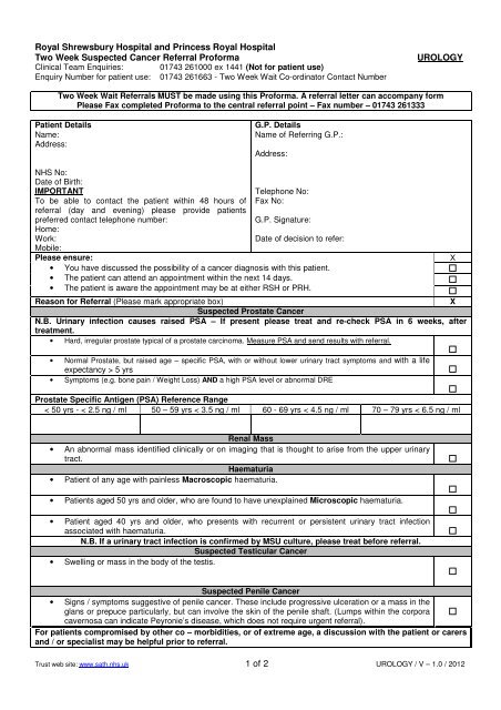 Urology Two-Week Wait Referral Proforma - Royal Shrewsbury ...