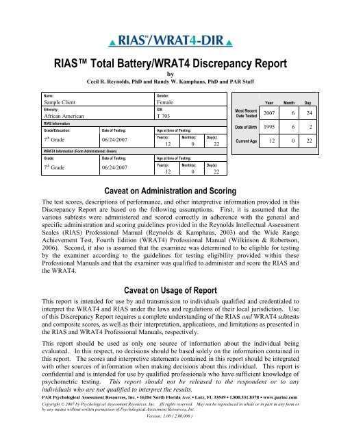 RIASâ ¢ Total Battery/WRAT4 Discrepancy Report - Psychological ...