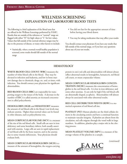 Explanation of laboratory blood tests - Fremont Area Medical Center
