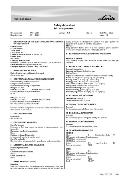 Safety data sheet Air, compressed. - Linde Gas