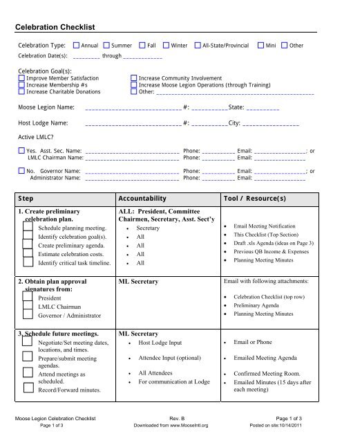 Moose Legion Celebration Checklist