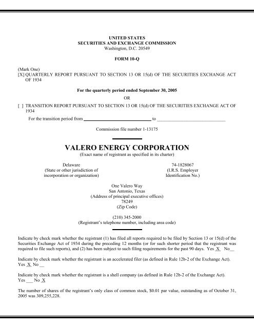 Form 10-Q 2005 Qtr 3 - Valero