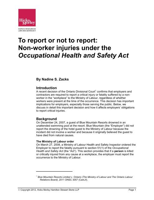 To report or not to report: Non-worker injuries under ... - Hicks Morley