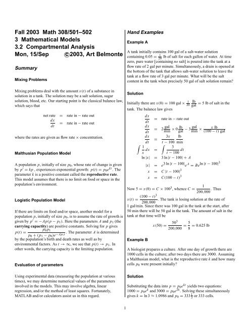 Fall 2003 Math 308/501â 502 3 Mathematical Models 3.2 ... - Calclab