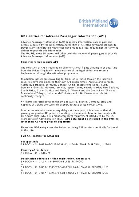 GDS entries for Advance Passenger Information (API) - British Airways