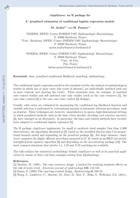 clogitLasso: an R package for L1 penalized estimation of conditional ...
