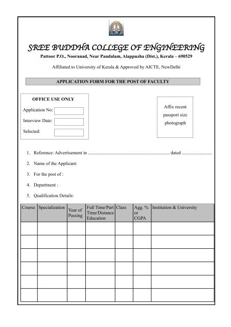Job Application Form - Sree Buddha College of Engineering