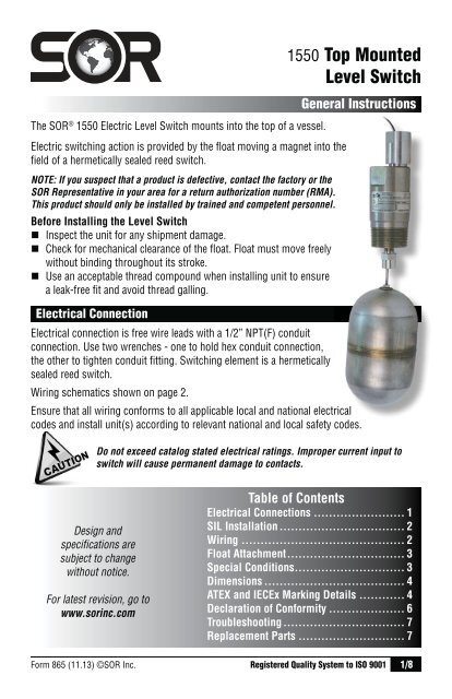 1550 Top Mounted Level Switch - SOR Inc.