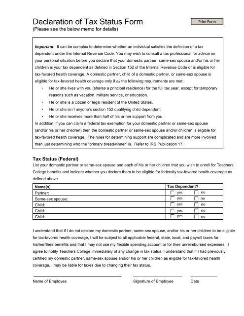Declaration of Tax Status Form
