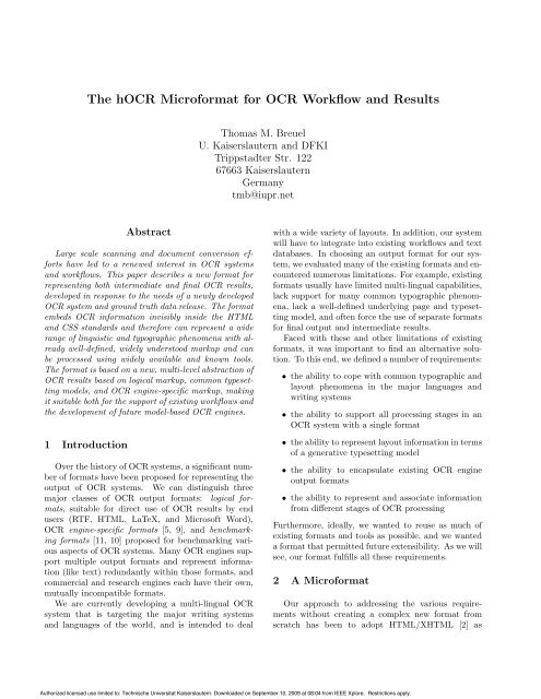 The hOCR Microformat for OCR Workflow and Results The hOCR Microformat for OCR Workflow and Results