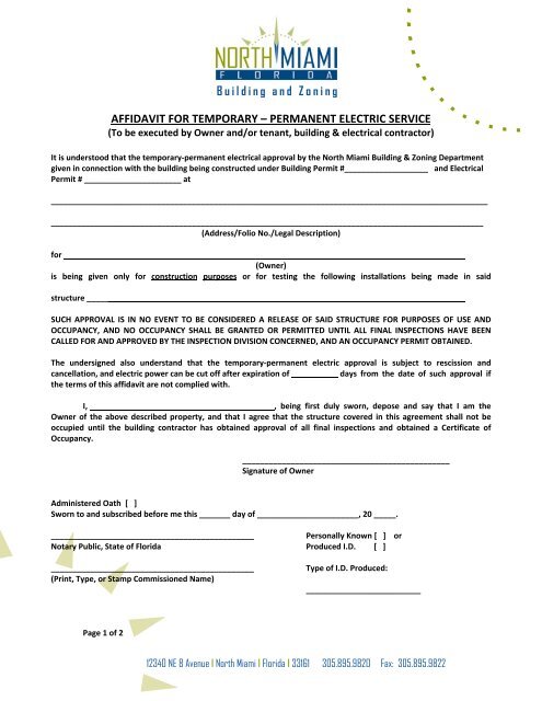 Electrical Service Affidavit - City of North Miami
