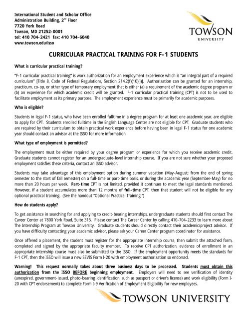 curricular practical training for f-1 students - Towson University