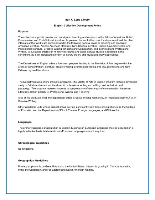 Earl K. Long Library English Collection Development Policy Purpose ...