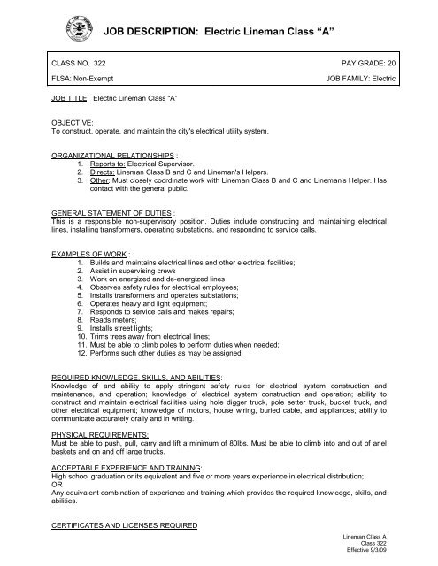 JOB DESCRIPTION: Lineman - 1st Class - the City of Burnet Texas