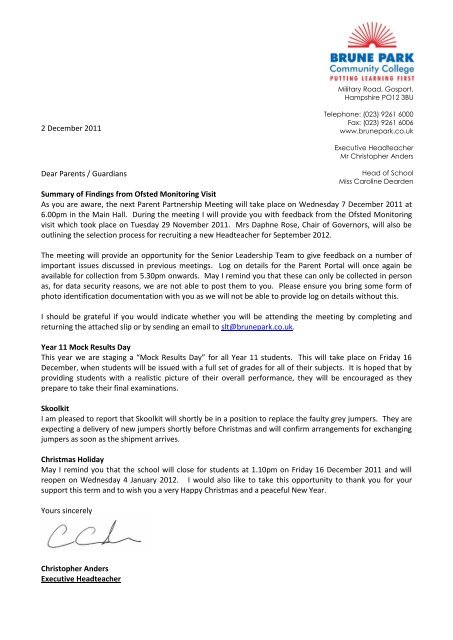 Parent Letter - Brune Park Community School