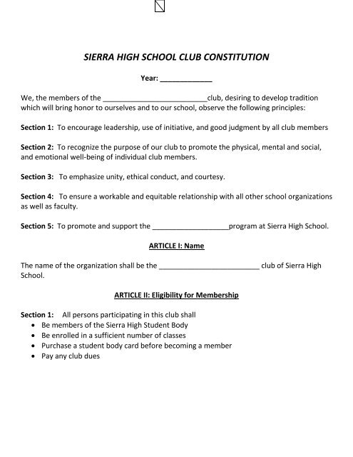 SIERRA HIGH SCHOOL CLUB CONSTITUTION - SchoolSpan