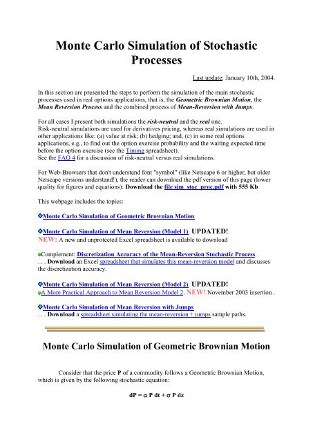 Monte Carlo Simulation Of Stochastic Processes