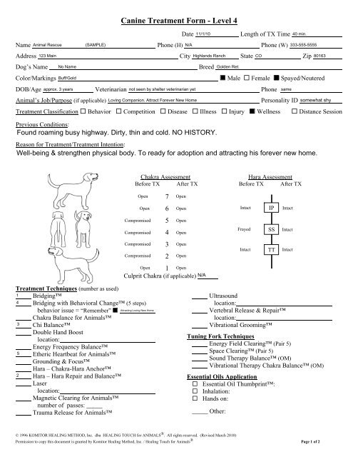 Canine Treatment Form - Level 4 - Healing Touch for Animals