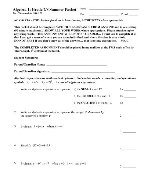 Algebra 1: Grade 7/8 Summer Packet - MathChamber