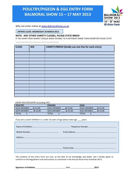 ENTRY FORM FOR POULTRY, PIGEONS & EGGS - Balmoral Show