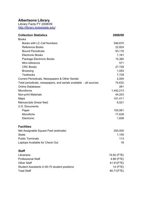 Printable 2008/09 Fact Sheet - Albertsons Library - Boise State ...