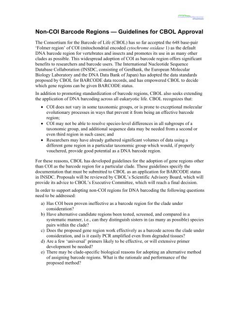 Guidelines for CBOL Approval of Non-COI Barcode Regions