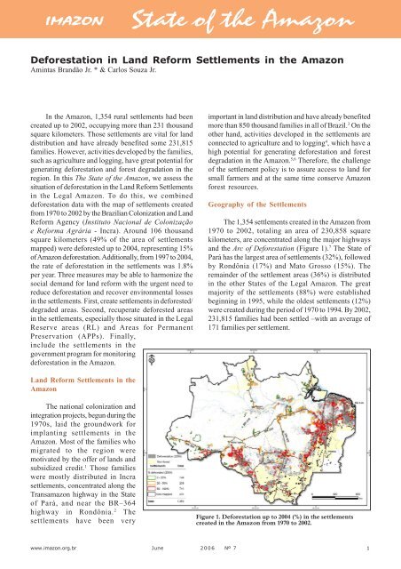 Deforestation in Land Reform Settlements in the Amazon