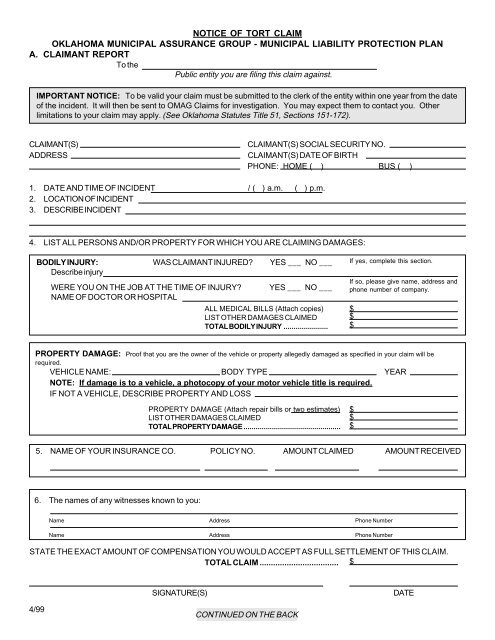 Notice of Tort Claim - The Village