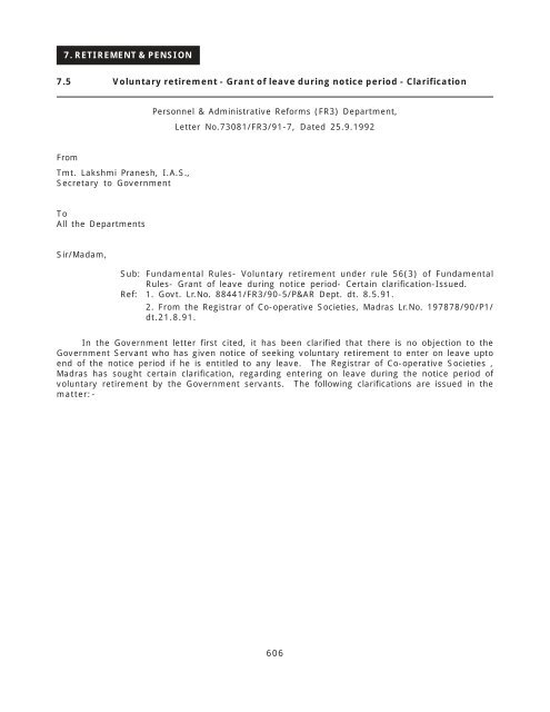 606 7.5 Voluntary retirement - Grant of leave during ... - Tnrd.gov.in