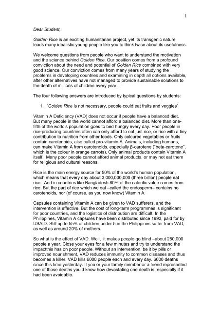Dear Student, - The Golden Rice Project