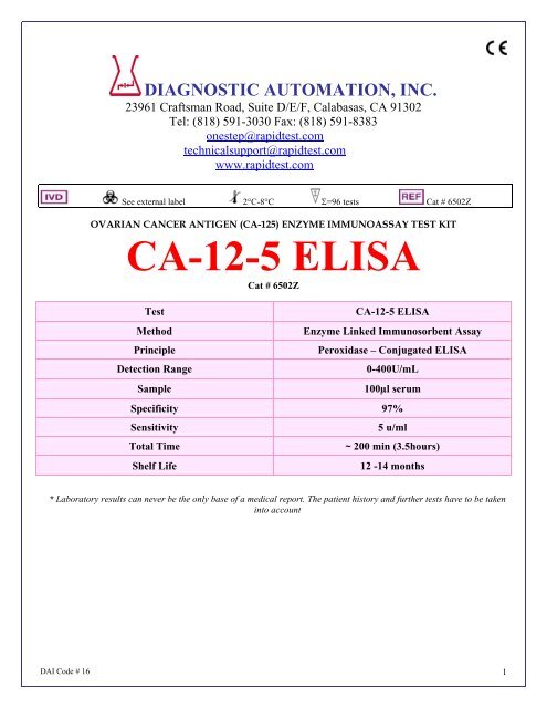 CA-12-5 ELISA - Diagnostic Automation : Cortez Diagnostics