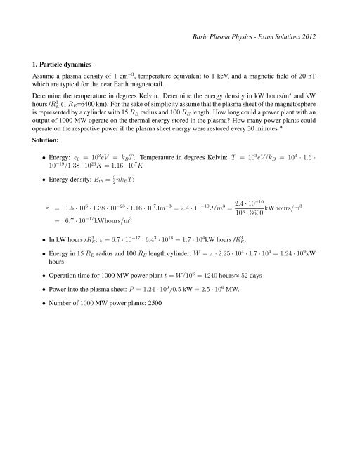 Basic Plasma Physics - Exam Solutions 2012 1. Particle dynamics ...