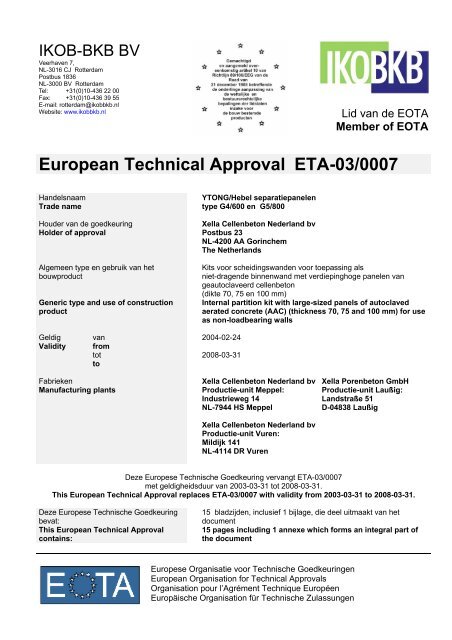 European Technical Approval ETA-03/0007 - Xella