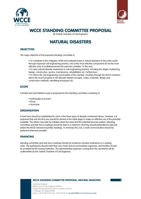 WCCE STANDING COMMITTEE PROPOSAL NATURAL DISASTERS