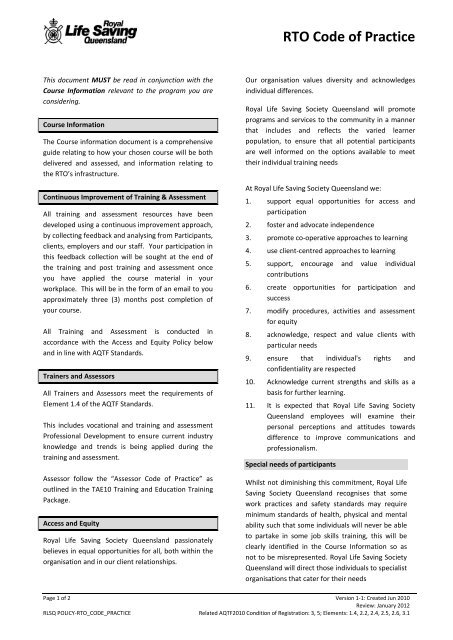 RTO Code of Practice - Royal Life Saving Society of Queensland Inc