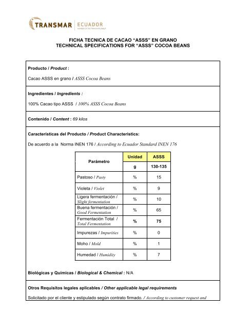 FICHA TECNICA DE CACAO “ASSS” EN GRANO ... - Transmar Group