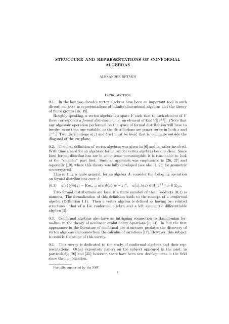 STRUCTURE AND REPRESENTATIONS OF CONFORMAL ...
