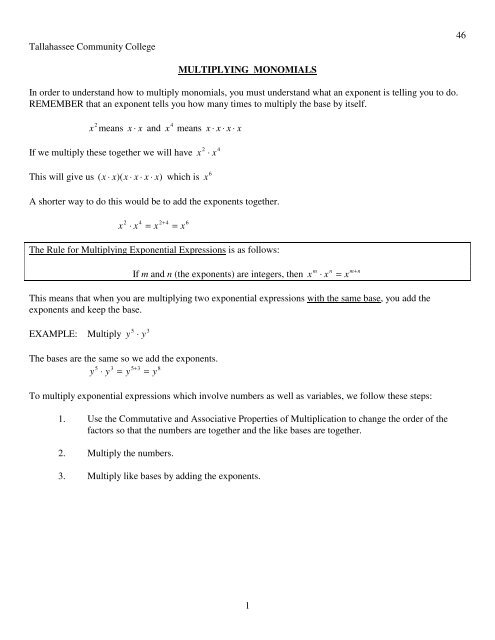 Multiplying Monomials (pdf) - Tallahassee Community College