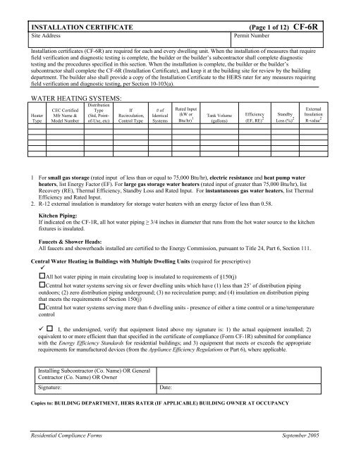 INSTALLATION CERTIFICATE (Page 1 of 12) CF-6R ... - CalCERTS