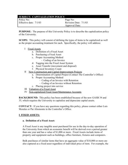 SUBJECT: CAPITALIZATION POLICY Policy No: Page No: Effective ...