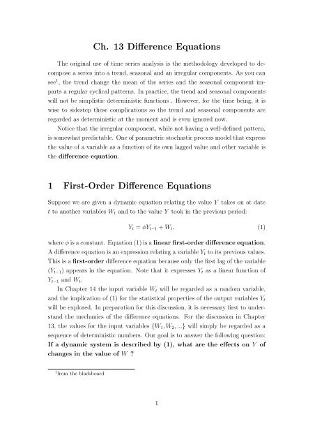 Ch. 13 Difference Equations 1 First-Order Difference Equations