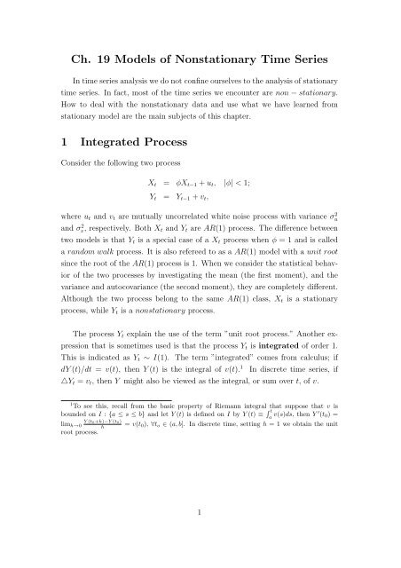Ch. 19 Models of Nonstationary Time Series 1 Integrated Process