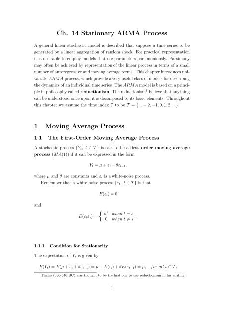 Ch. 14 Stationary ARMA Process 1 Moving Average Process