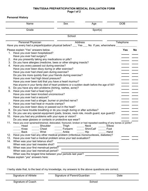 TMA/TSSAA PREPARTICIPATION MEDICAL EVALUATION FORM ...