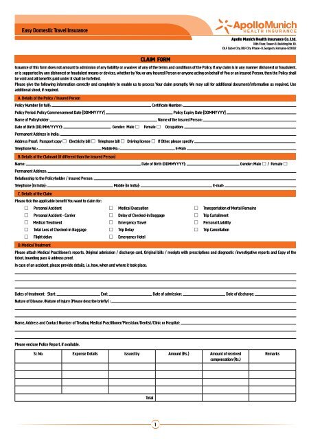 Easy Domestic Travel Insurance CLAIM FORM ... - Health Insurance