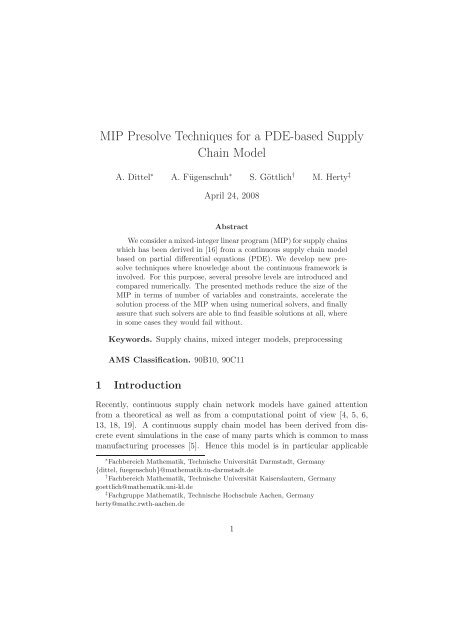 MIP Presolve Techniques for a PDE-based Supply Chain Model