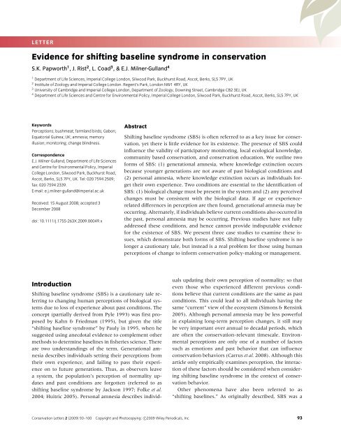Evidence for shifting baseline syndrome in conservation - Institute of ...