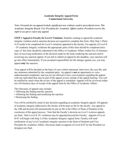 Academic Integrity Appeal Form - Cumberland University