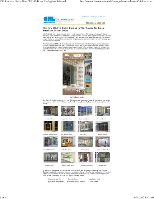 C.R. Laurence - New CRL Glass, Metal and Screen Door Catalog